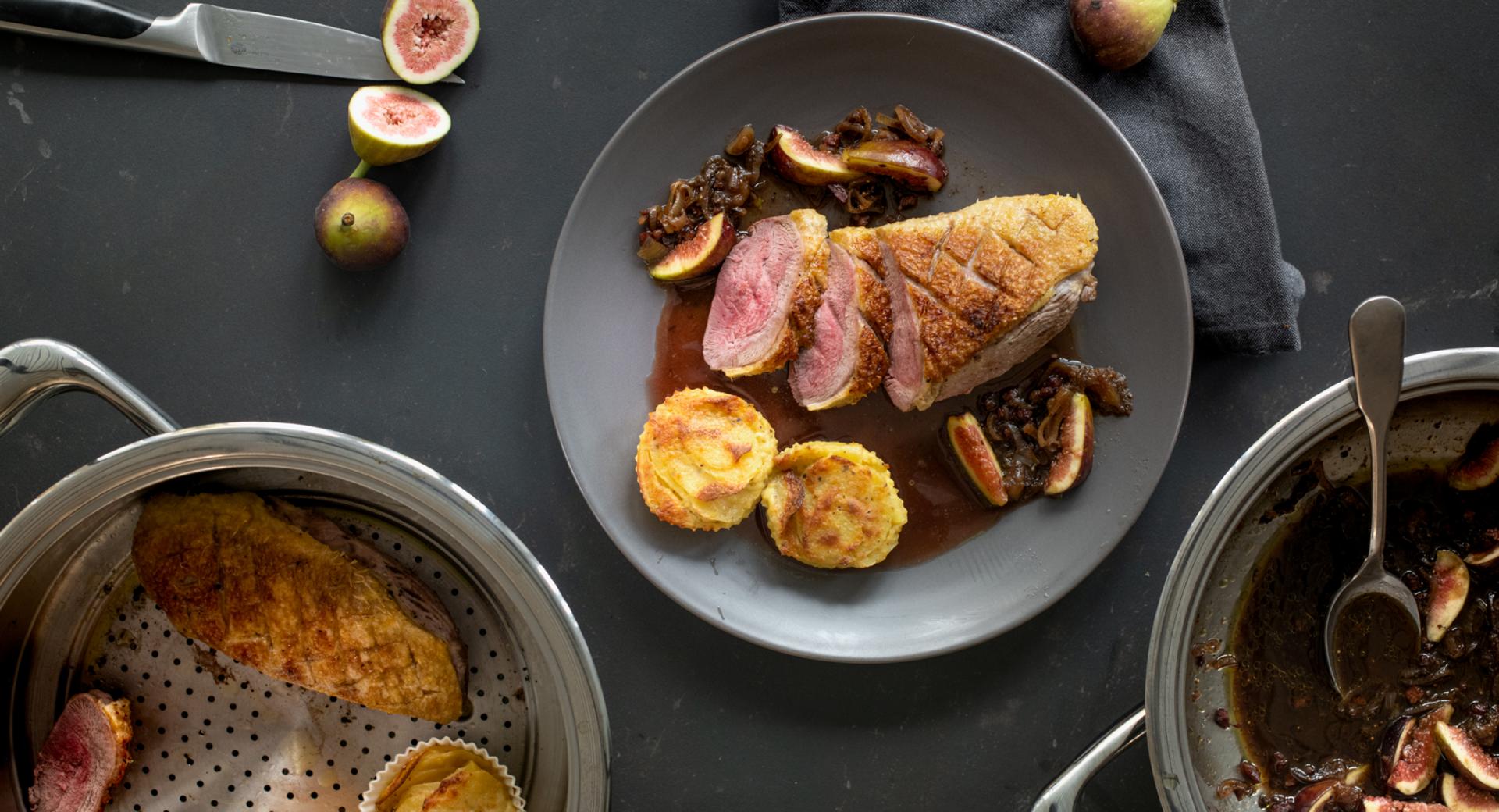Recipe: Grilled Duck Breast with Figs, Shallots & Potato Gratin